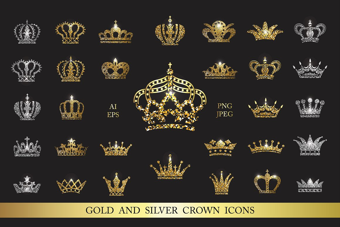 Set of gold and silver crown icons., a Solid Icon by Designwork