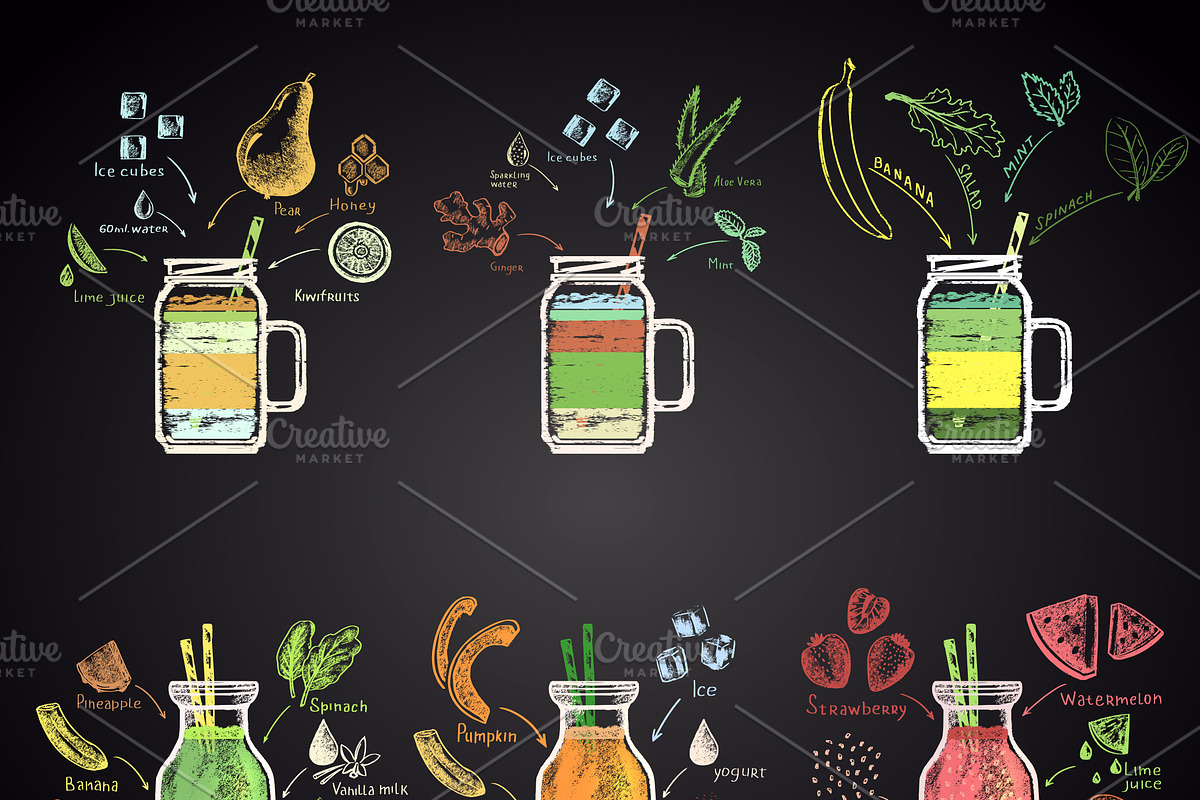Chalk drawn of different smoothies., a Food Illustration by Anat_OM