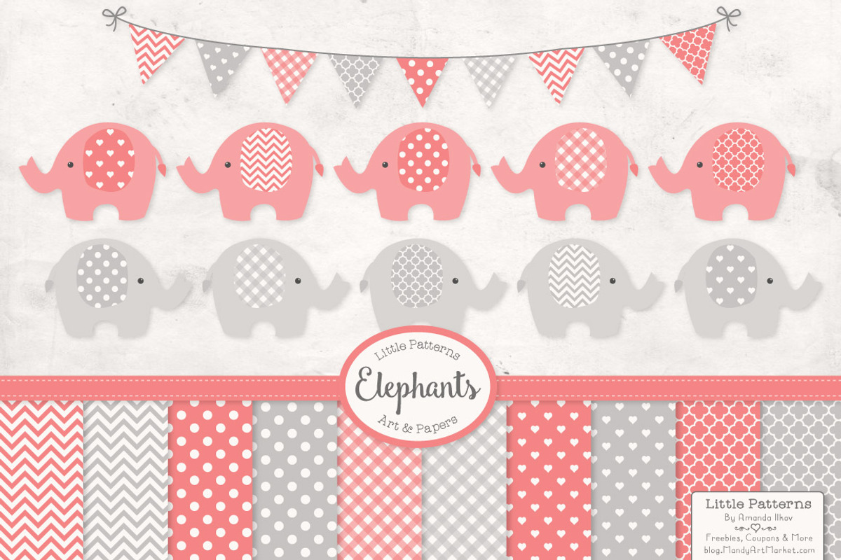 Coral Elephants Clipart & Patterns, an Illustration by Amanda Ilkov