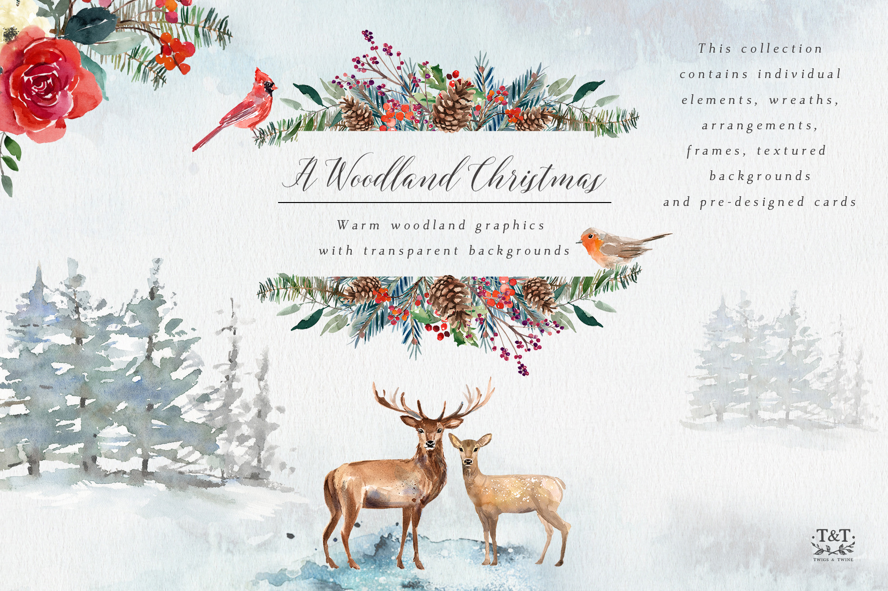 Woodland Christmas Clipart, an Animal Illustration by Twigs and Twine ...