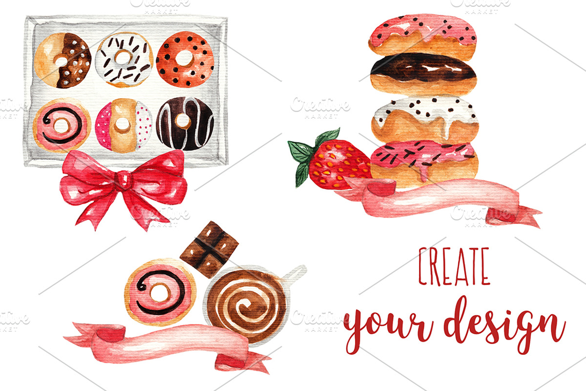 Watercolor donuts. PSD, PNG, JPEG, a Food Illustration by Scarlet Heath Art