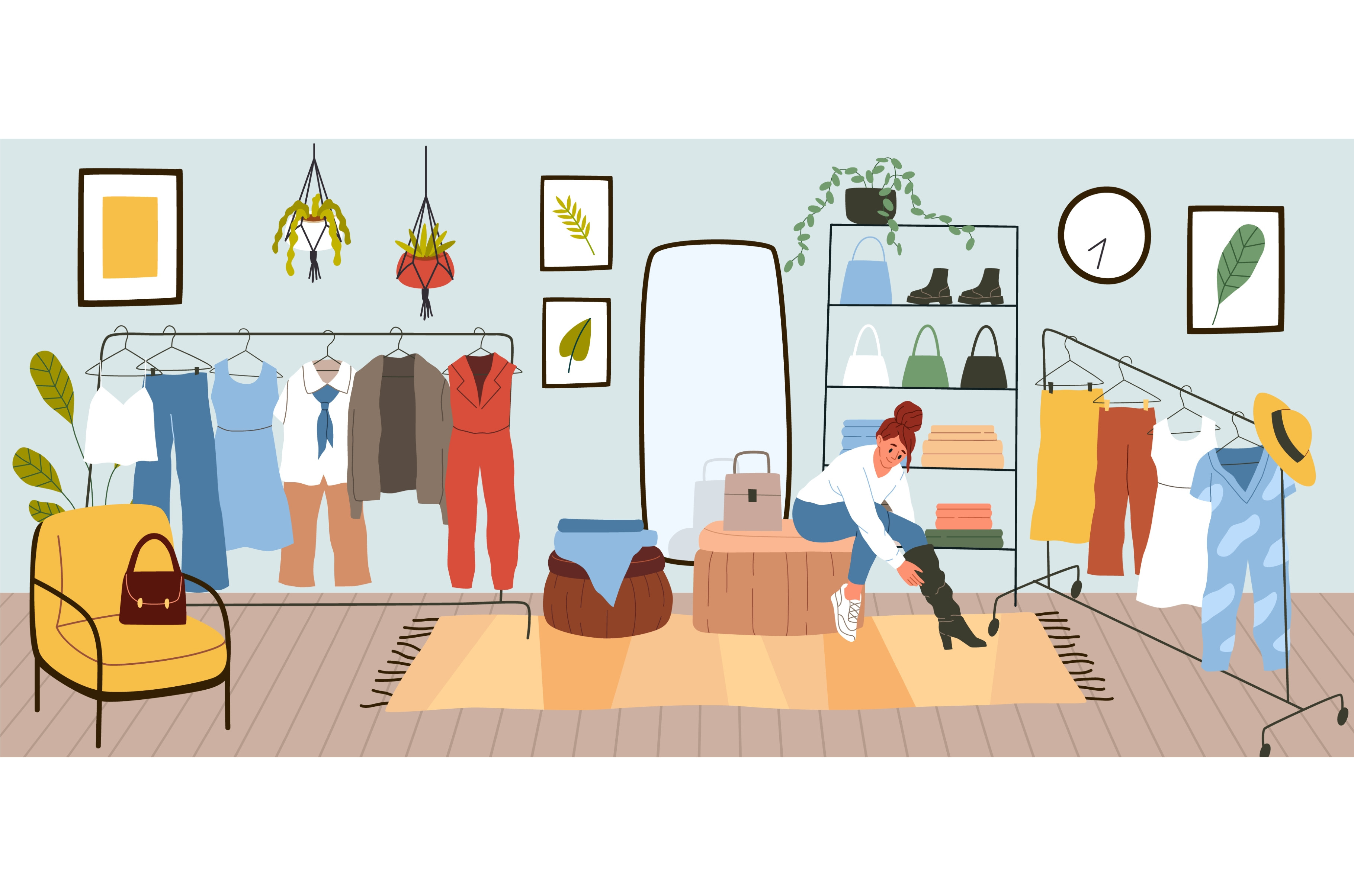 Dressing room. Woman puts on or, a Decorative Illustration by YummyBuum