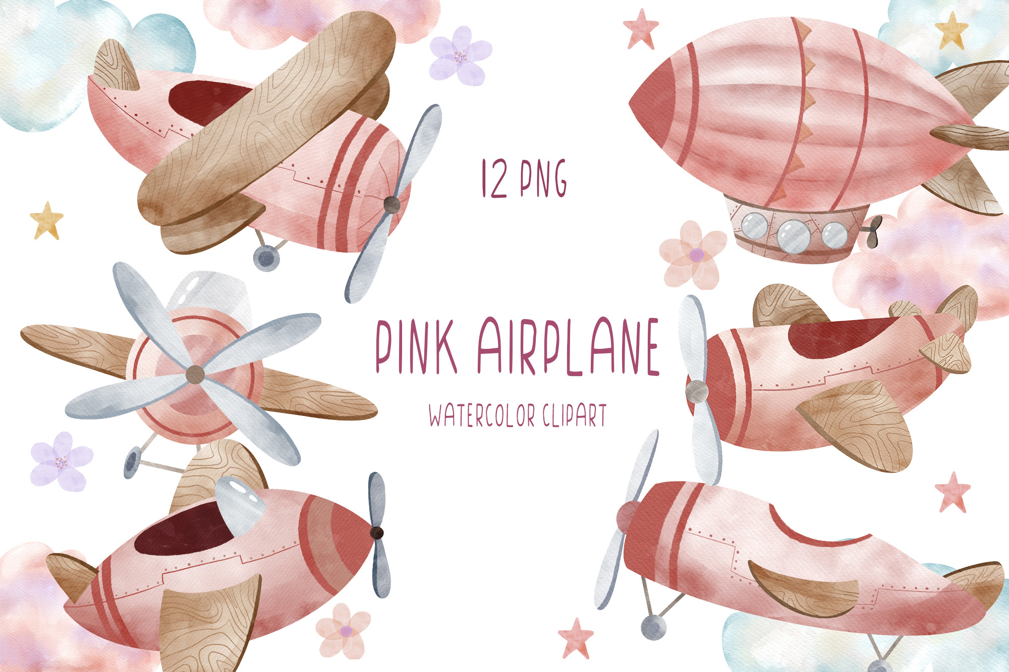 Watercolor pink airplane clipart PNG, an Illustration by SleptArt