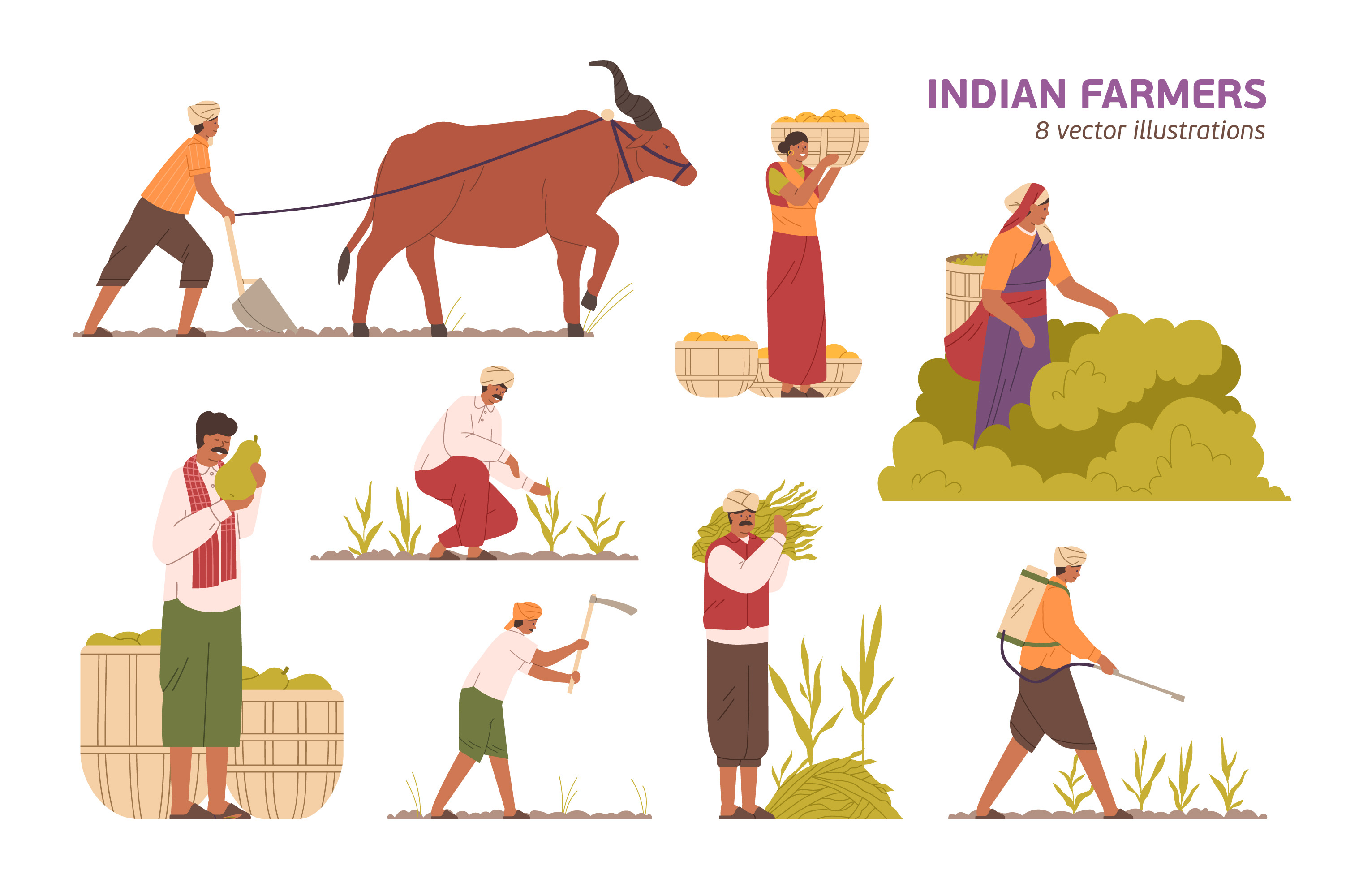 Indian farmers working in fields set, a Person Illustration by Good ...