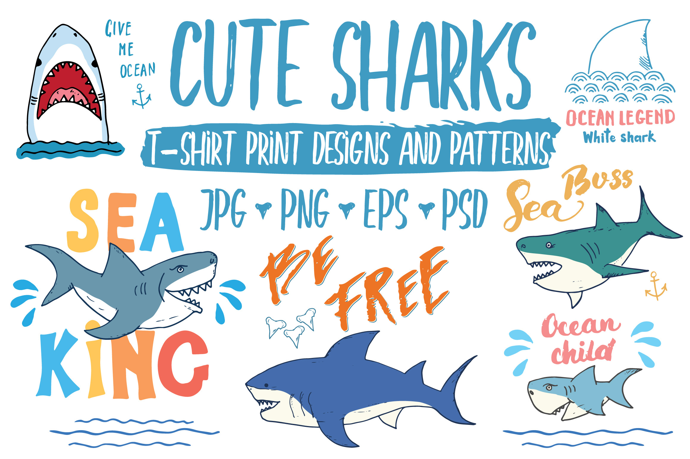 Cute Sharks Set and Patterns, an Animal Illustration by Lemon Workshop