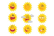 Cute cartoon sun emojis. Emotional face set of colorful characters ...