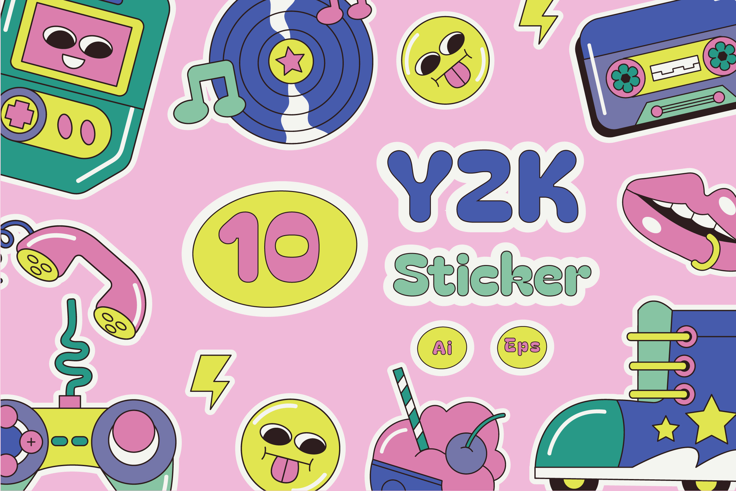 Pink Y2K Sticker Illustration Set, an Illustration by graphicook
