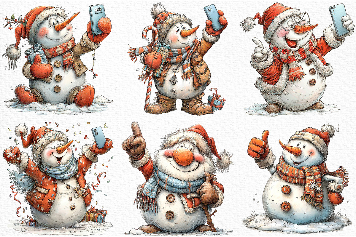 Santa snowman selfie clipart, an Illustration by Craft Nest