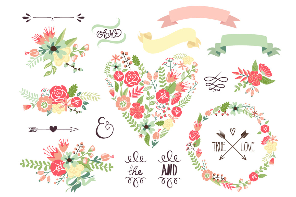 Wedding Floral clipart, Wreath heart, an Illustration by GraphicMarket