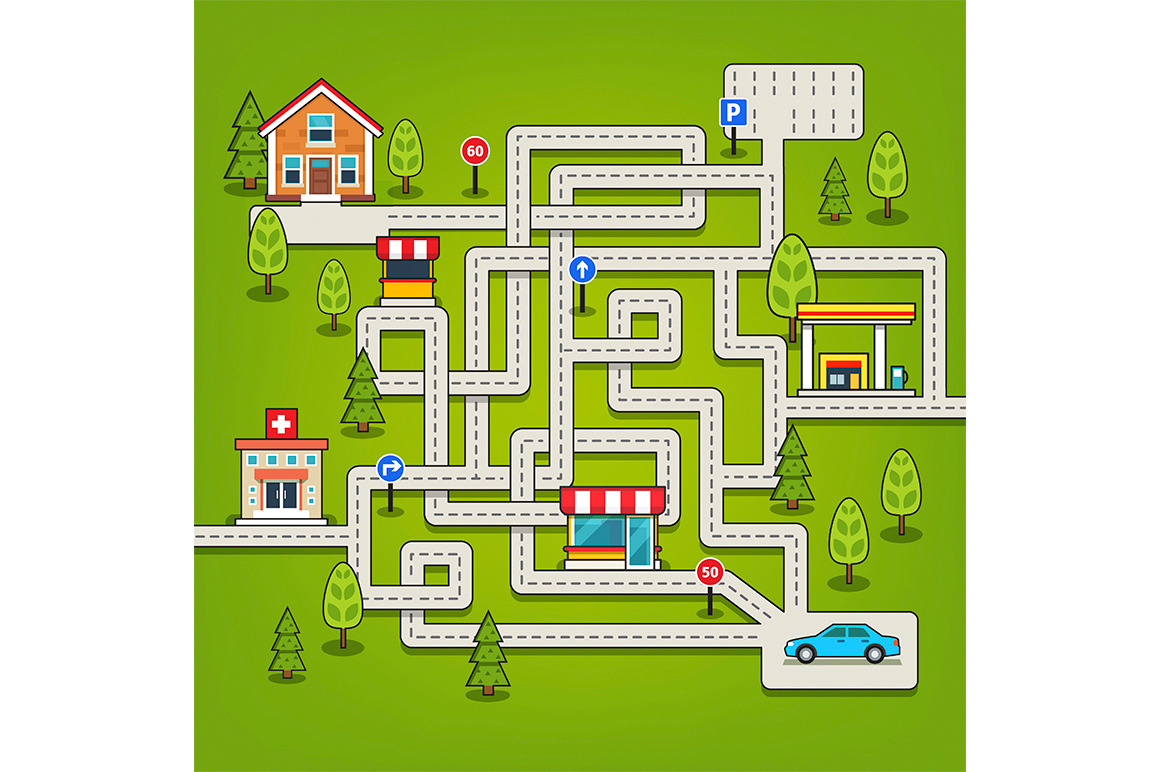 Maze game with roads, an Illustration by Iconicbestiary