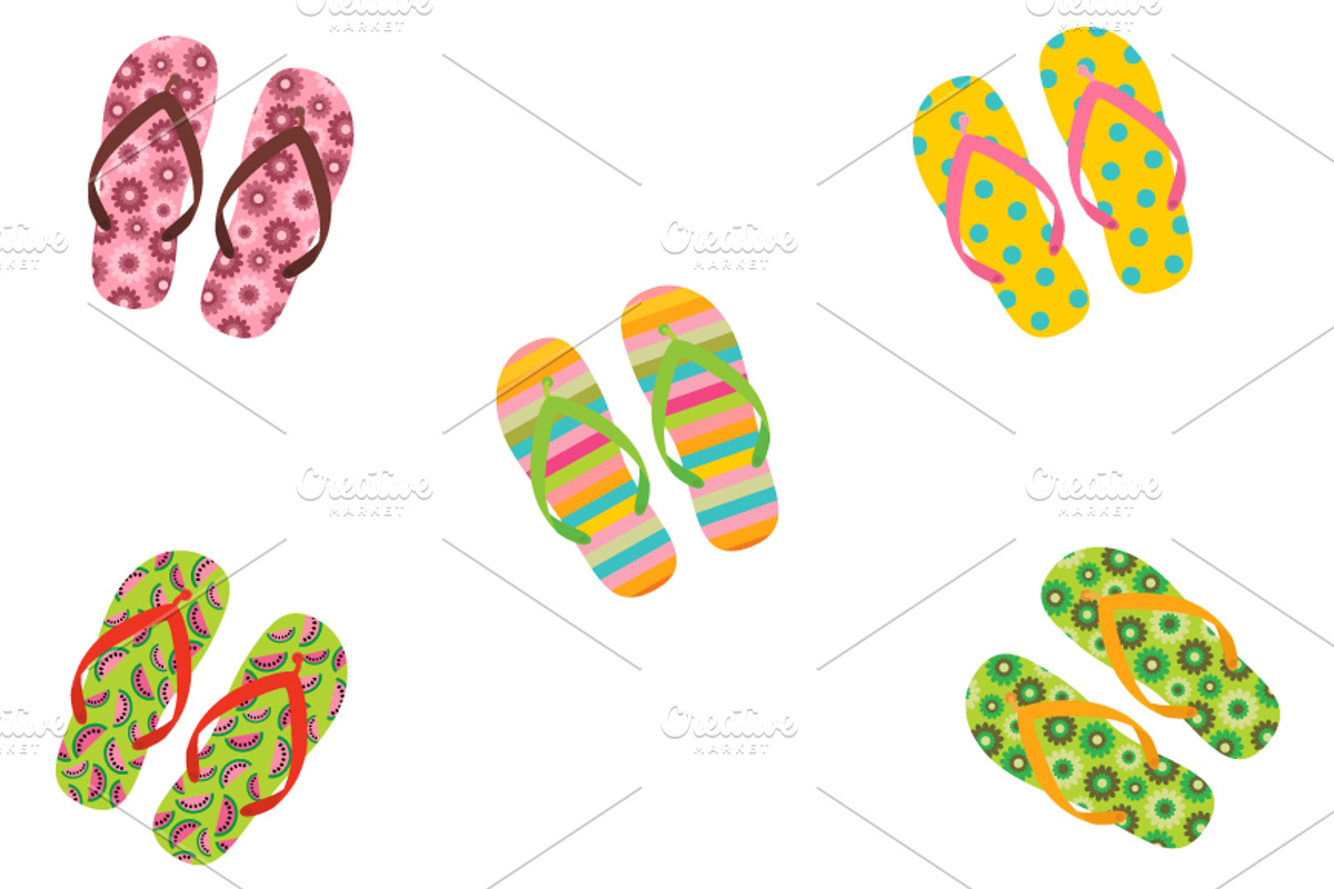 Colorful flip flops clip art set, an Illustration by Pravokrugulnik