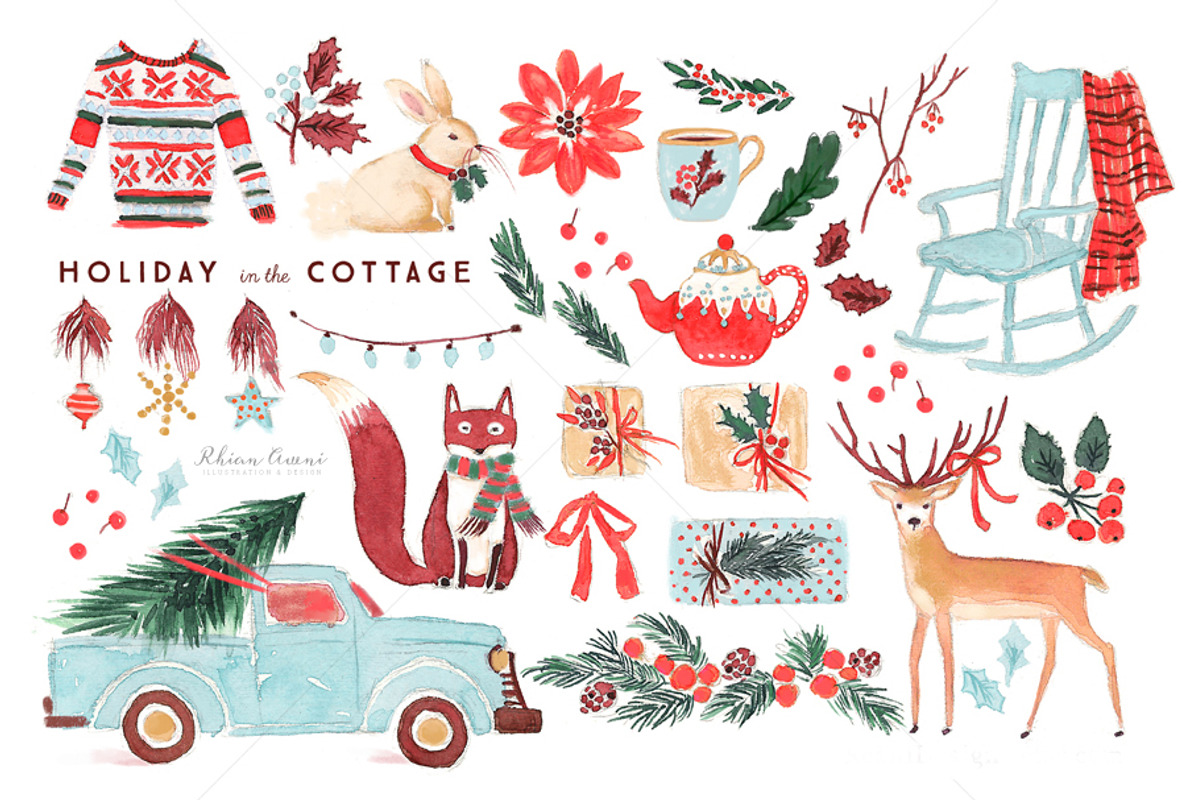 Watercolor Holiday Clip Art Set, a Decorative Illustration by RhianAwni