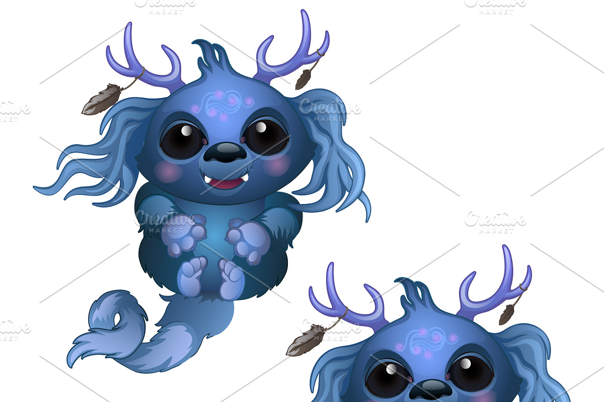 Smiling blue monster with horns, an Animal Illustration by ...