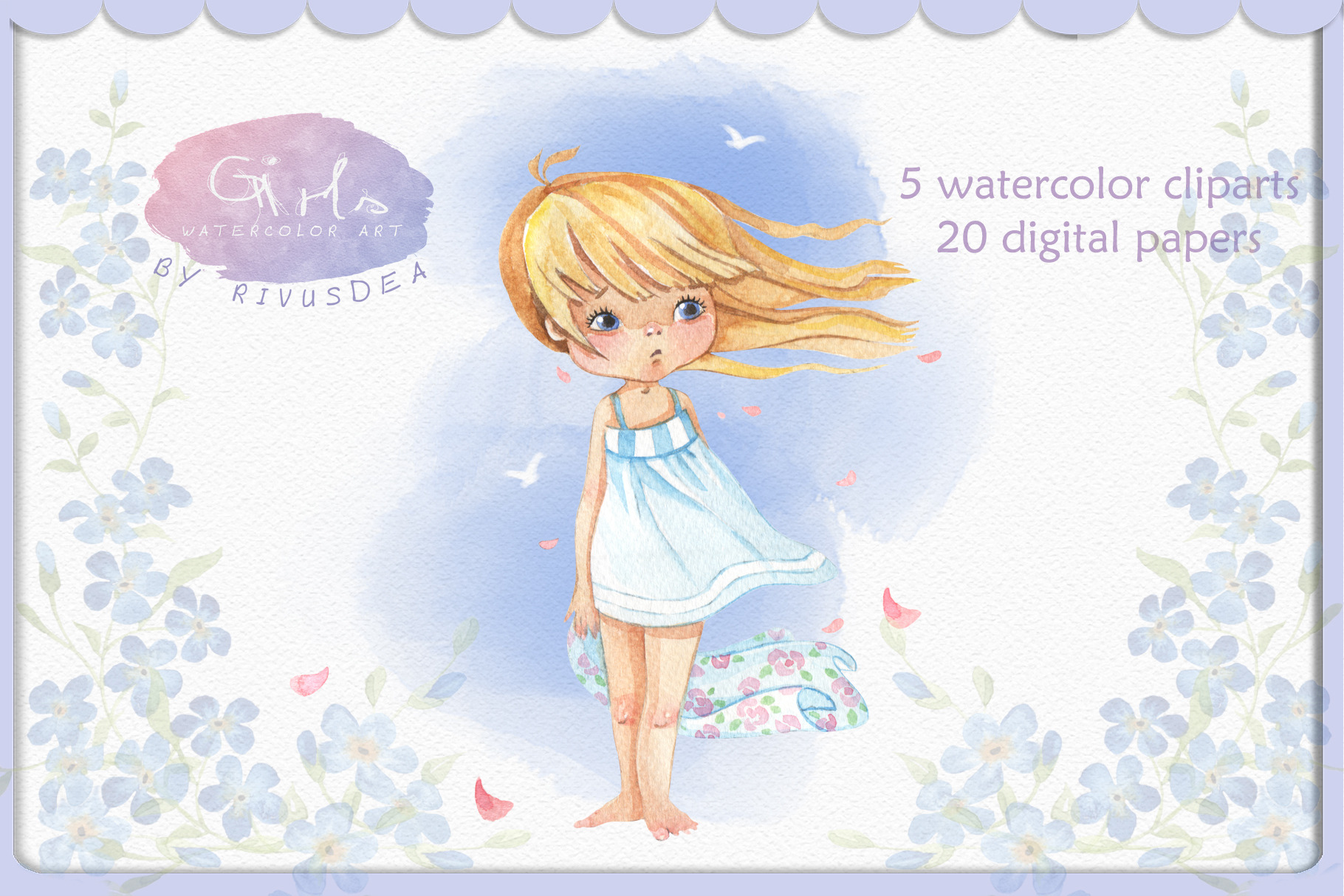 Watercolor cute girl summer clipart, a Decorative Illustration by RivusArt