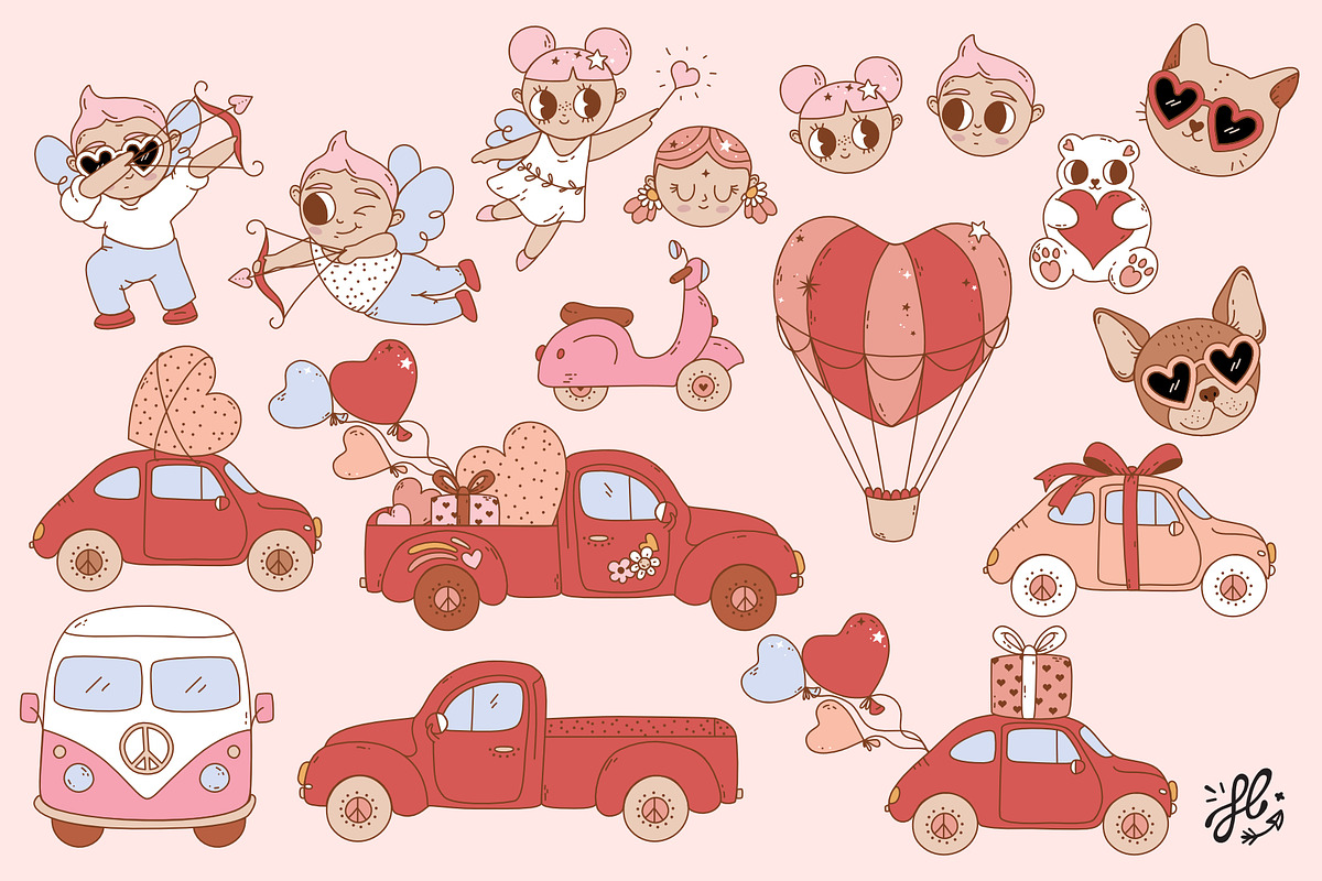 Groovy retro Valentine - clipart set, a Food Illustration by Huxmay