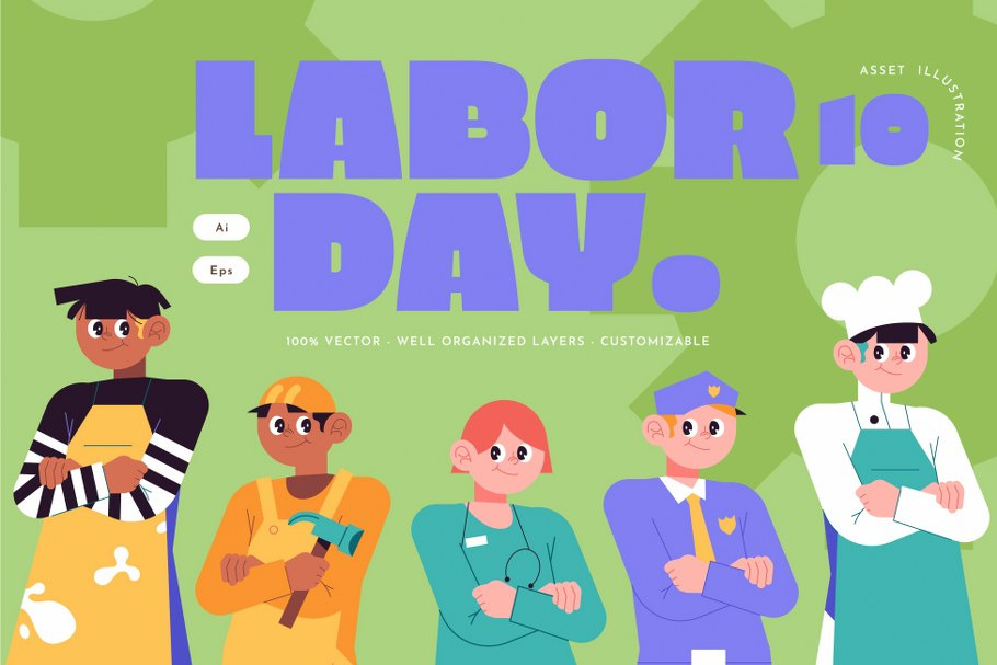 Green Labor Day Illustration Set | Seasonal Illustrations ~ Creative Market