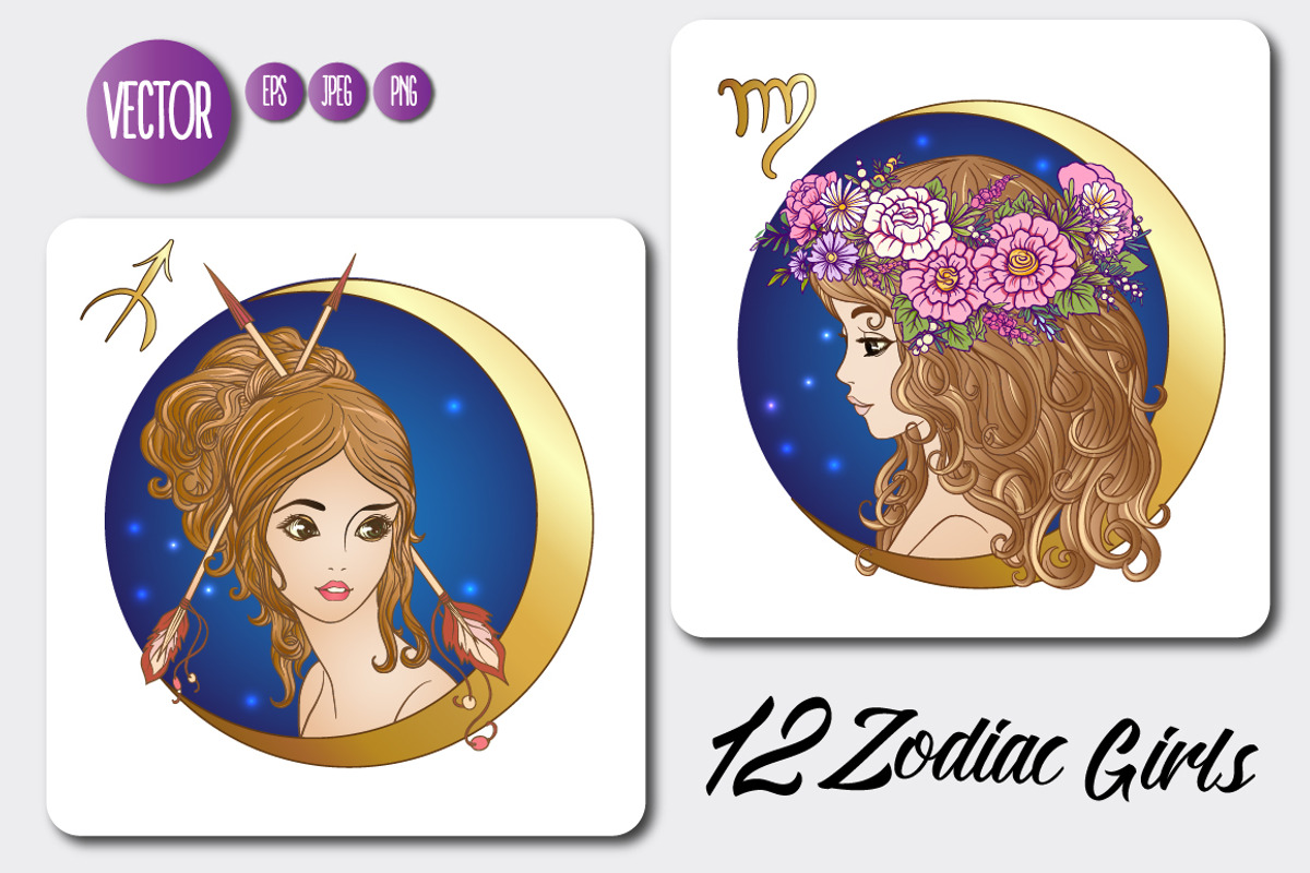 12 Zodiac Girls with Moon, a Person Illustration by Elen-Lane ...