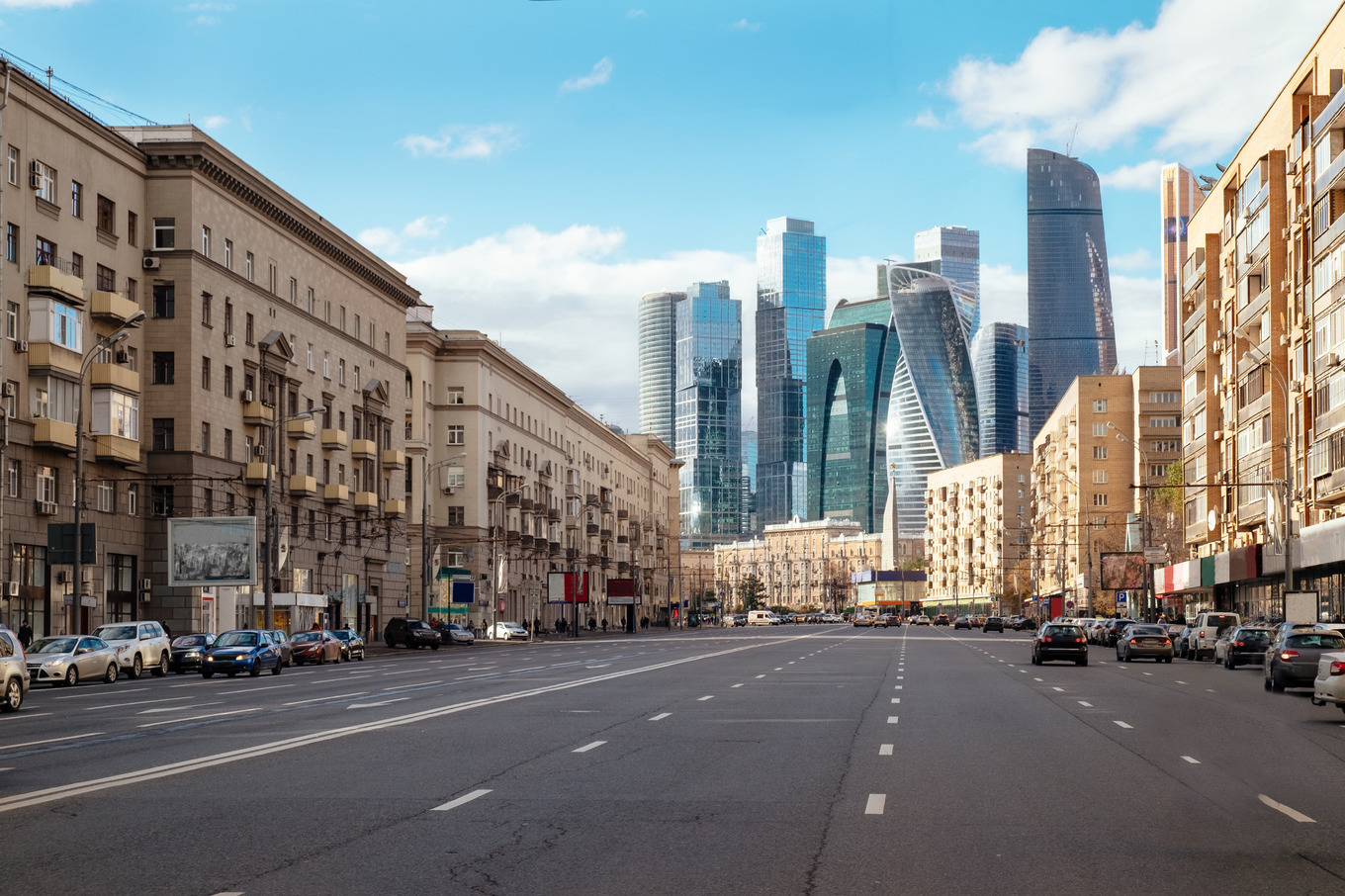 Landscape of Moscow architecture combining modern and old parts of city ...