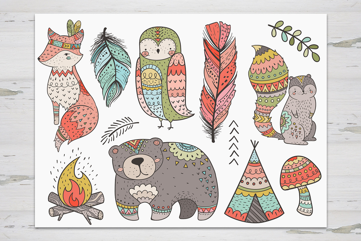 Woodland Tribal Illustration Set, an Animal Illustration by PetiteMarket