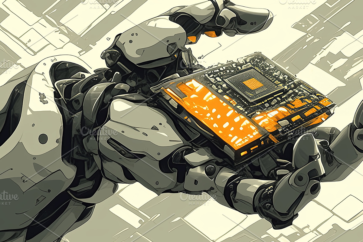 Futuristic robot arm holding advanced microchip technology, an ...