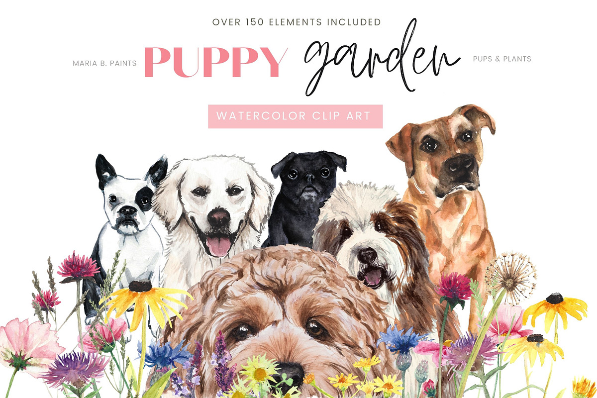 Dog & Floral Clip Art Set Puppies, an Illustration by Maria B. Paints