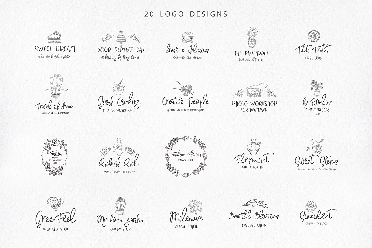 Hand drawn design elements. Logos., an Outline Icon by Designwork