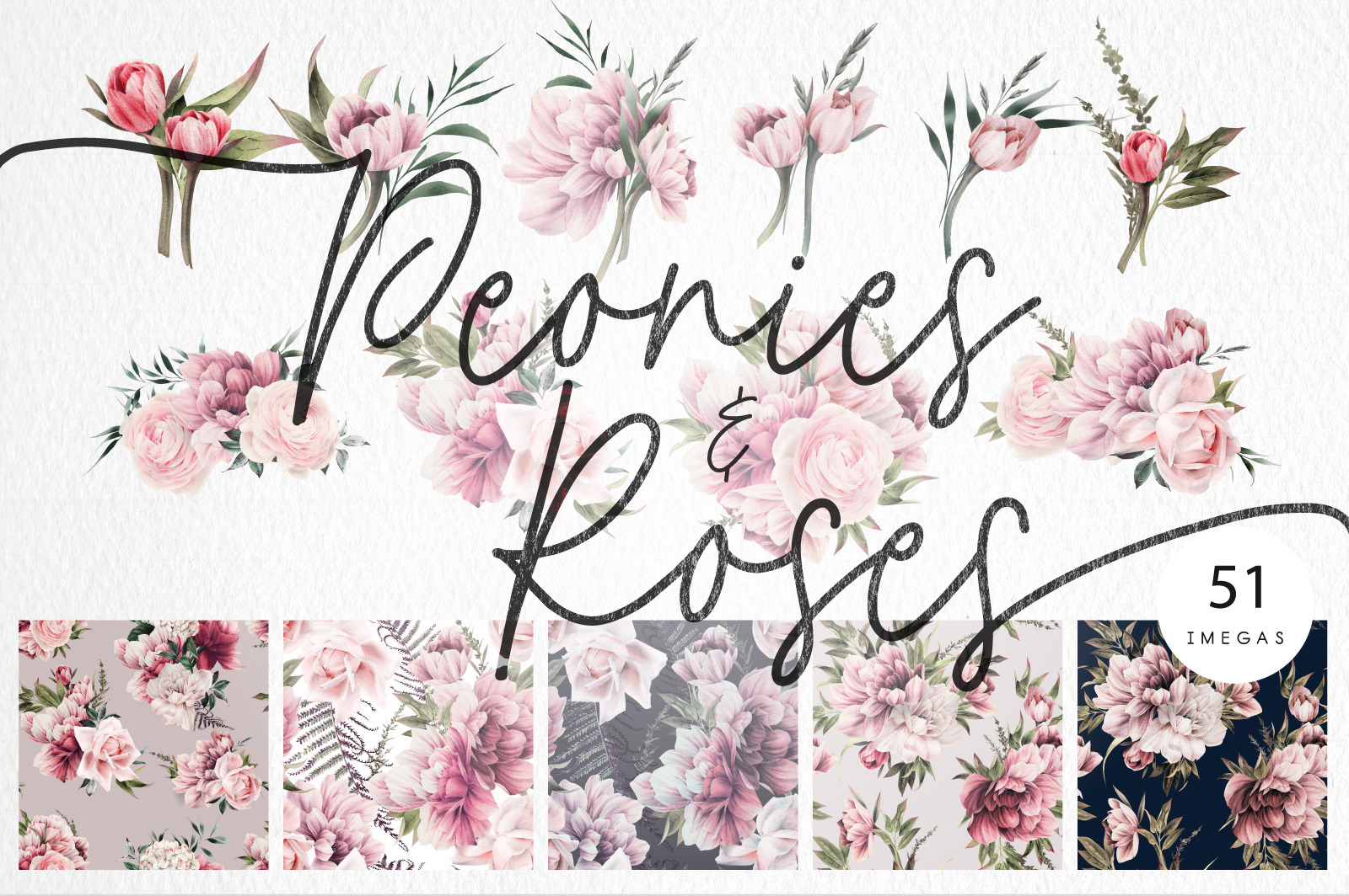 Peonies & Roses, Watercolor cliparts, an Illustration by ollalya