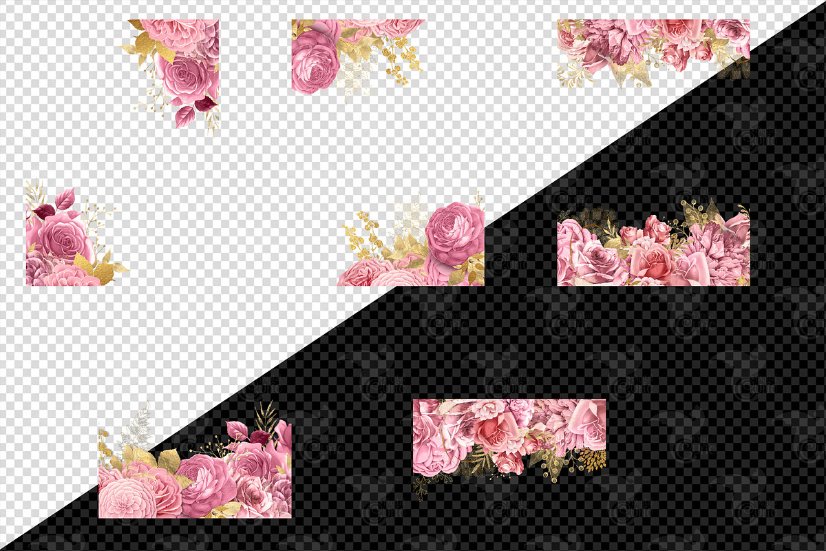 5x7 Pink and Gold Floral Overlays, an Illustration by Digital Curio