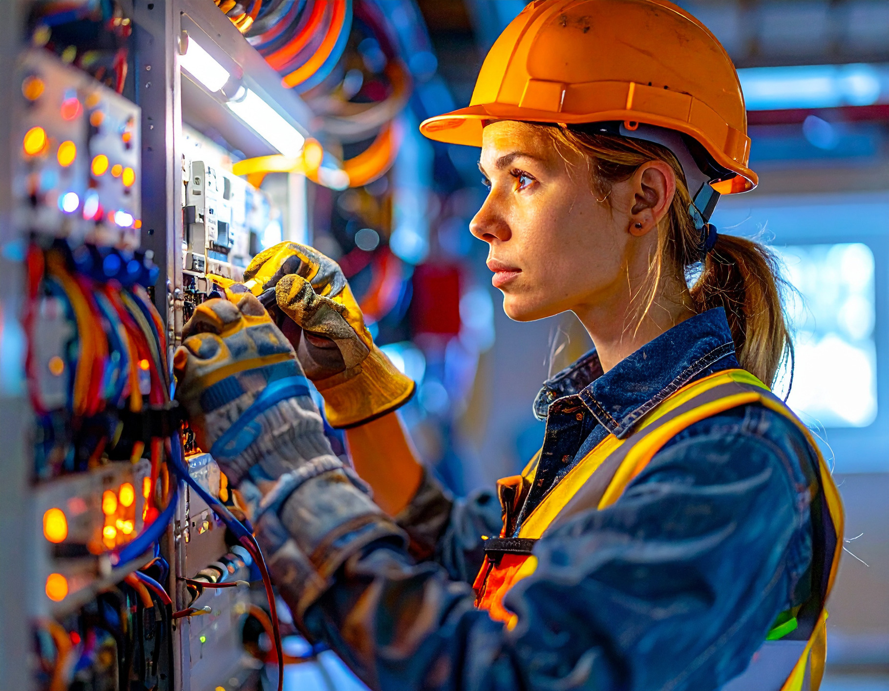Young electrician installing electrical wiring and wall outlets, a ...