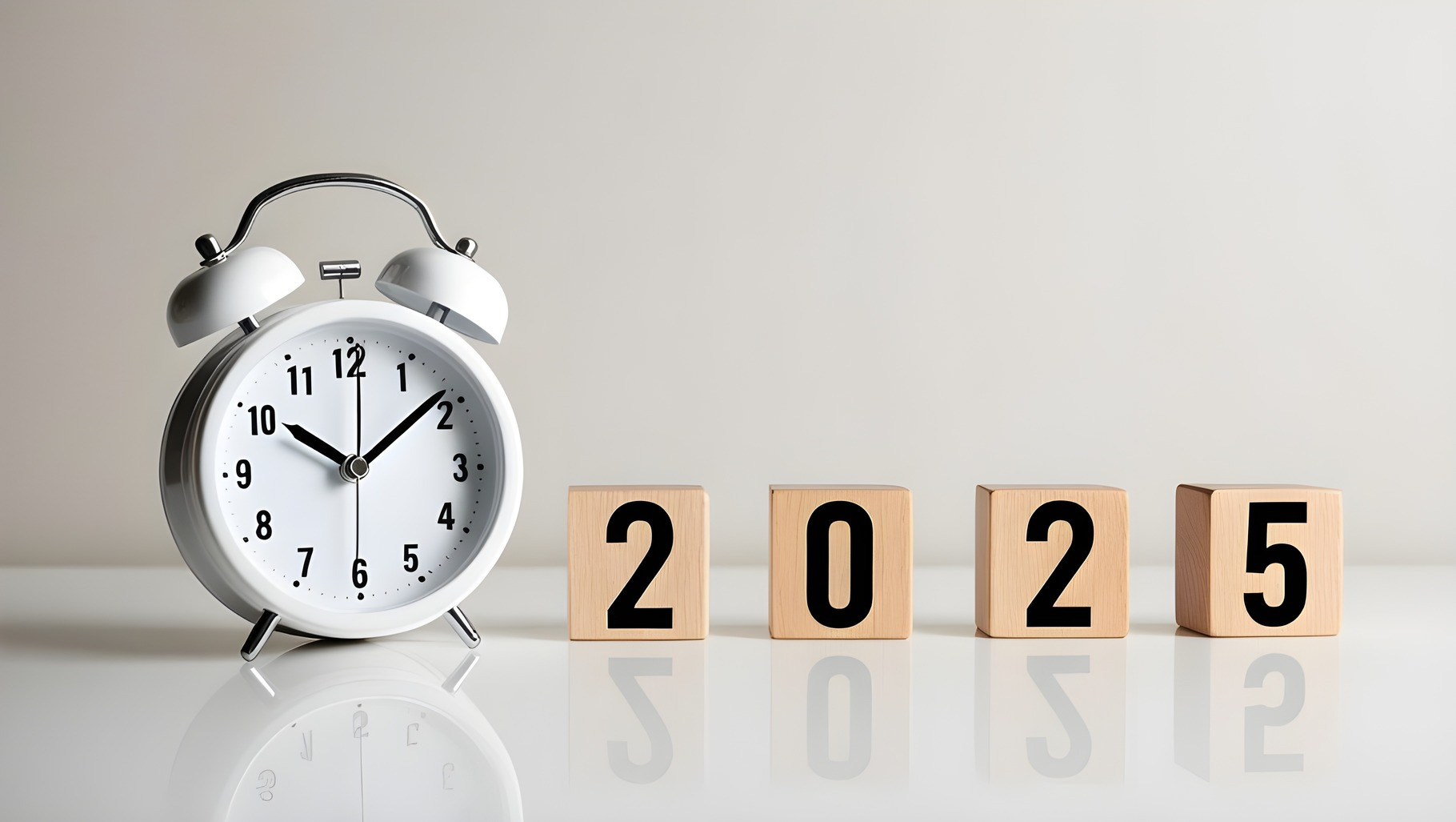 2025 on Wooden Blocks and Alarm Clock