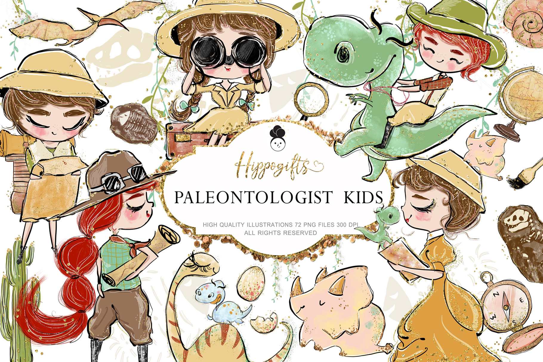 Paleontologist kids clipart,dinosaur, an Illustration by TheHappyGiftArt