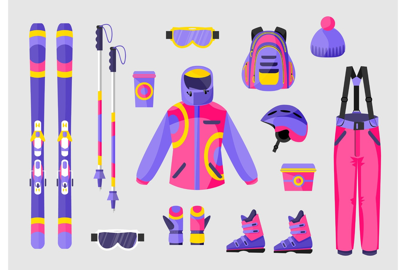 Set of snowboarding gear, clothing equipment icons, flat vector ...