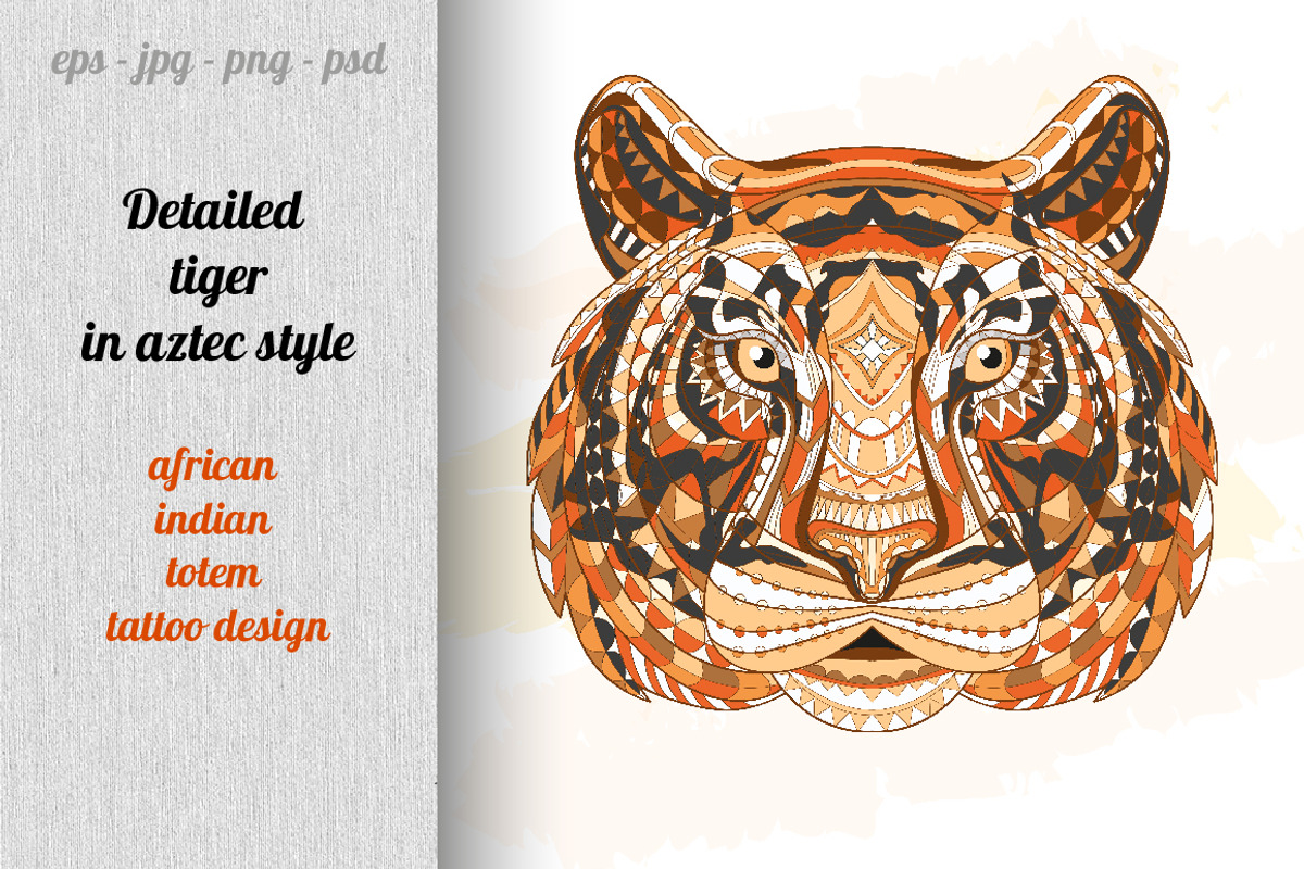 Detailed tiger in aztec style, an Animal Illustration by mary_shop