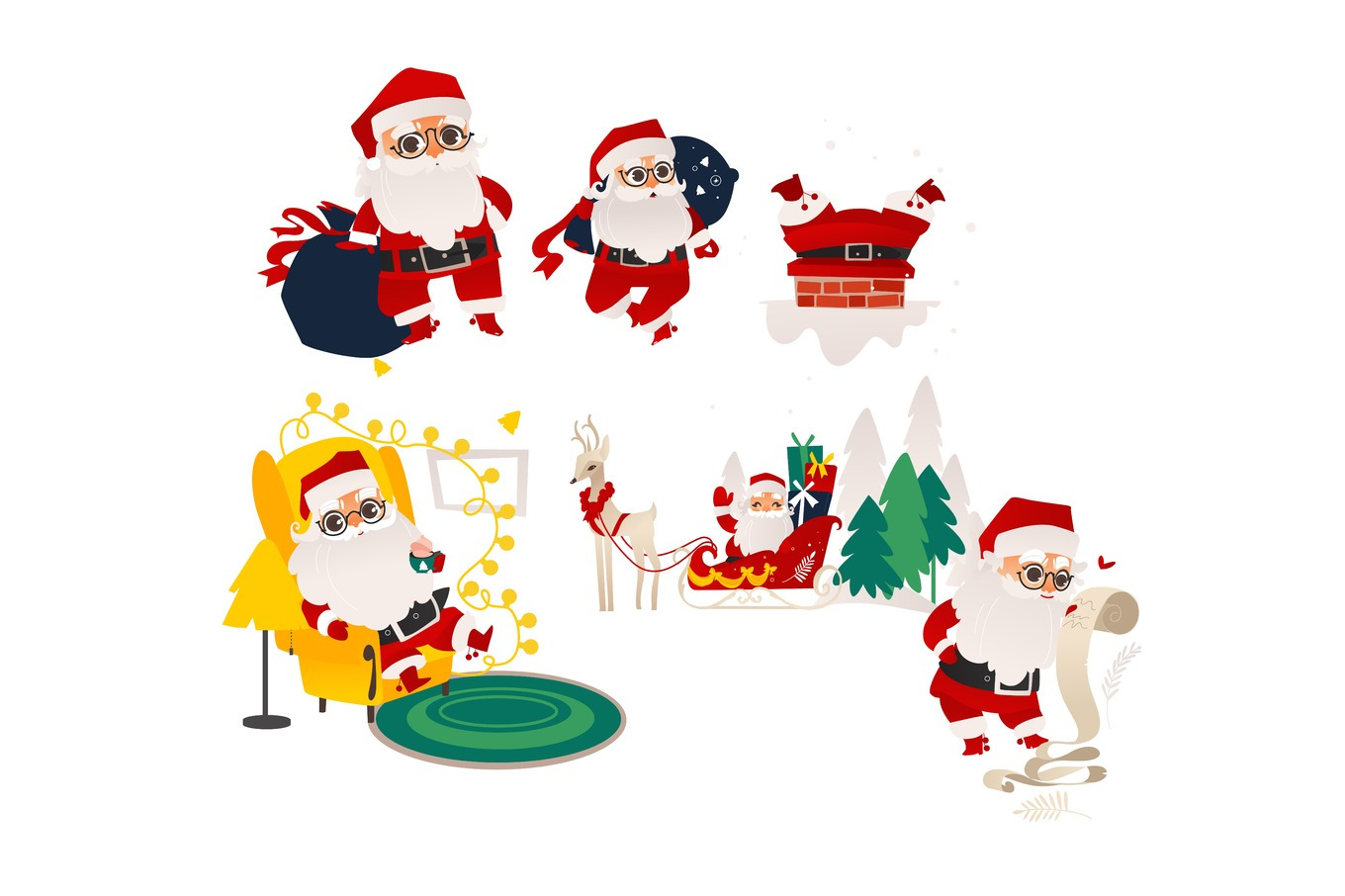 vector flat santa claus scenes set, a Decorative Illustration by Sabelskaya
