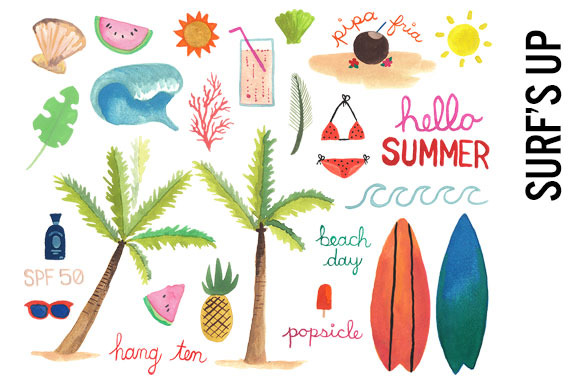 Surfing Beach Watercolor Clipart, an Illustration by Pepper