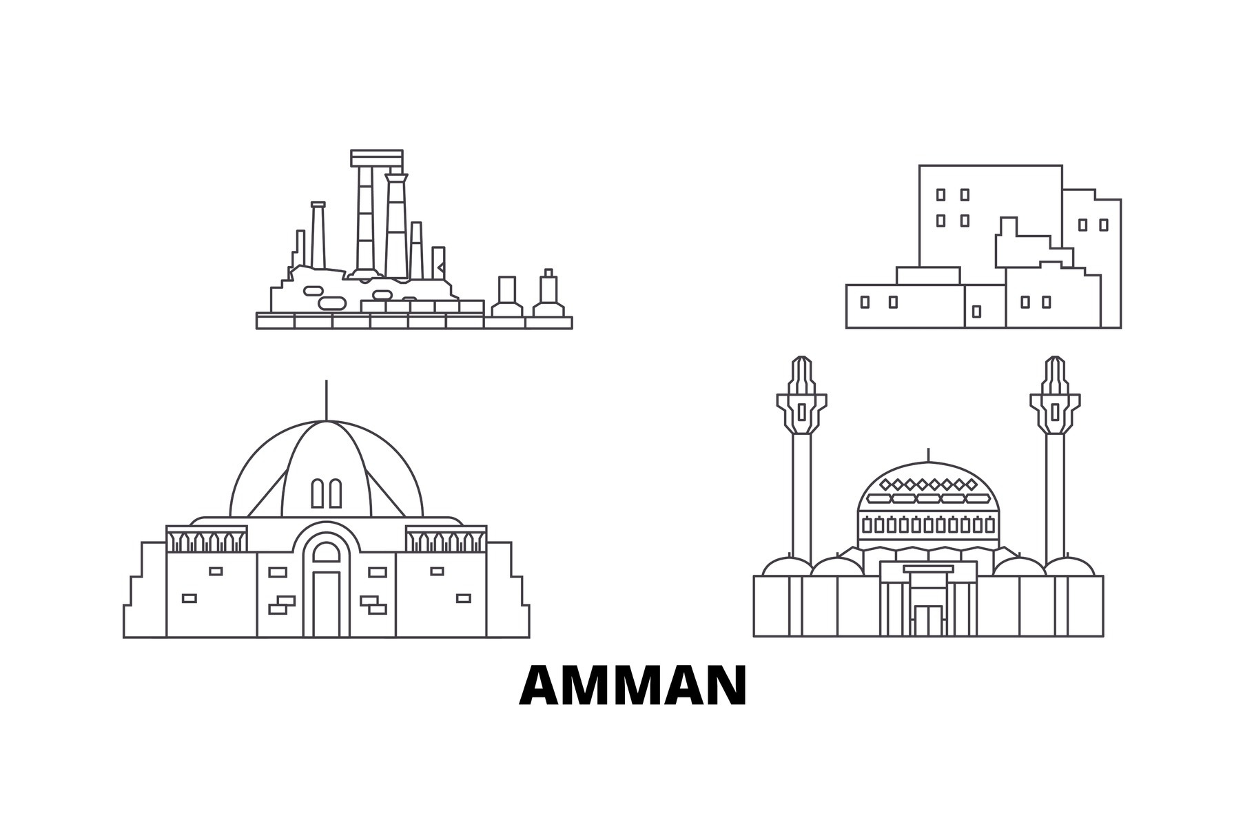 Jordan, Amman line travel skyline, an Illustration by urban icon ...