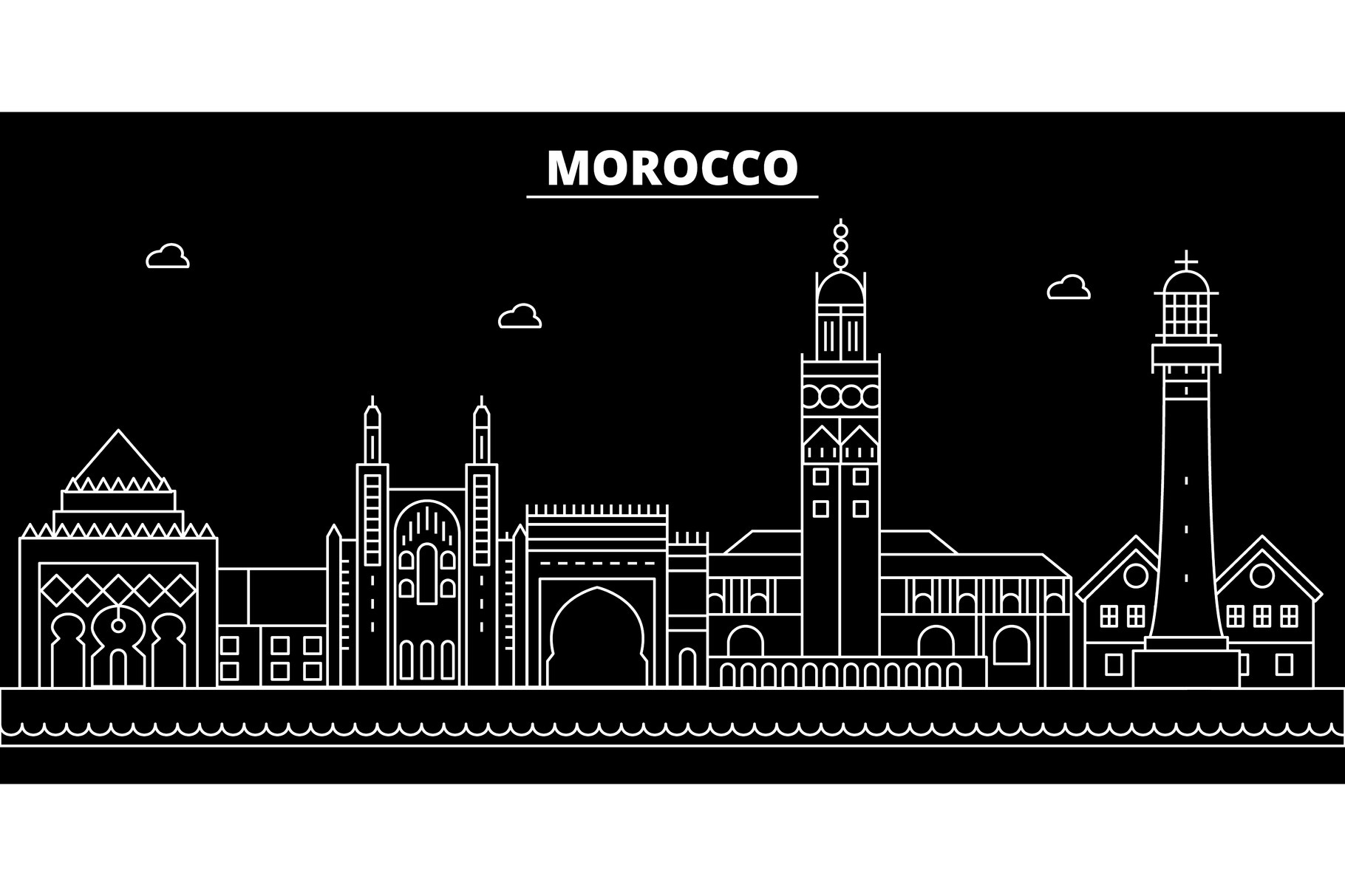 Morocco silhouette skyline, vector city, moroccan linear architecture ...