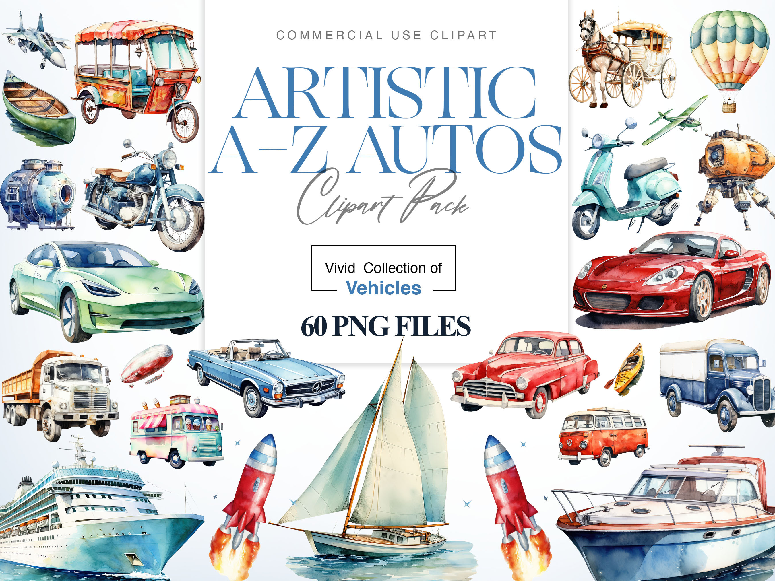 Watercolor Vehicle Clipart, Car, Truck