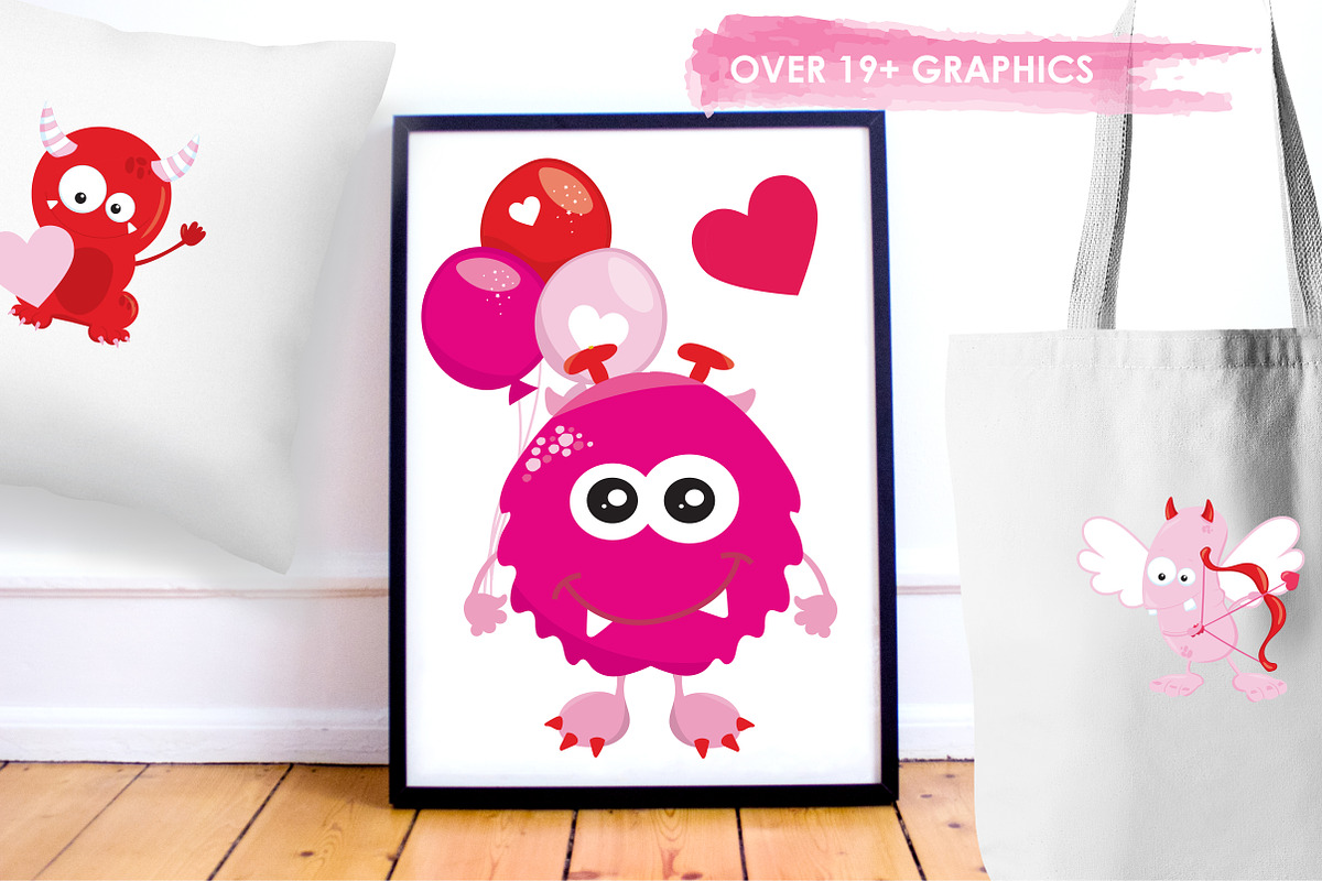Valentine Monsters illustration pack, an Illustration by PrettyBundles