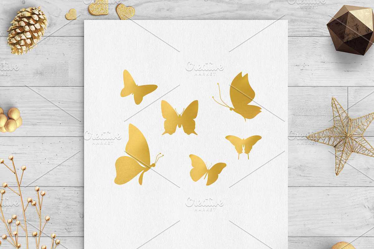Gold foil butterflies clip art, an Illustration by palmettosvg