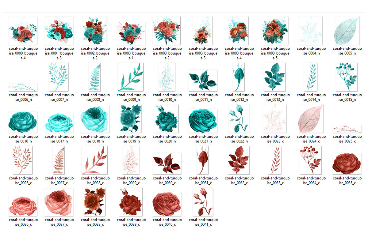 Turquoise and Coral Floral Clipart, an Illustration by Digital Curio