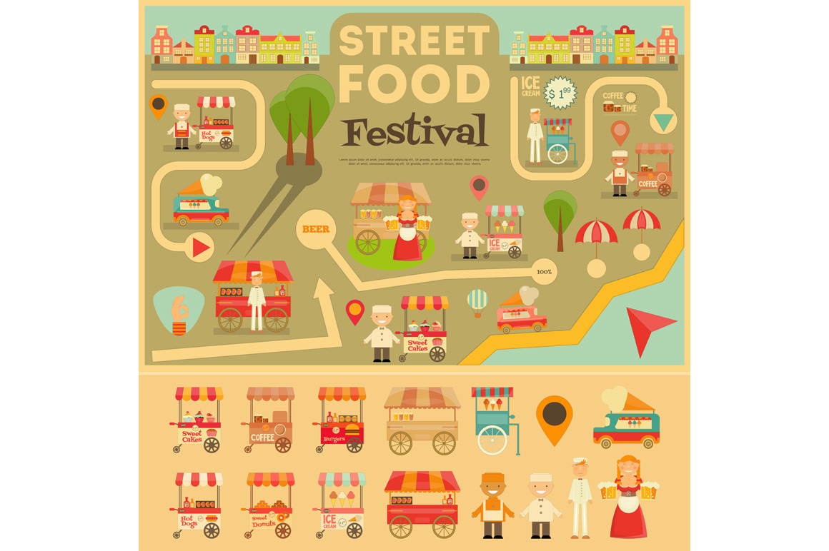 Street Food on City Map, a Food Illustration by ELFIVETROV DESIGN