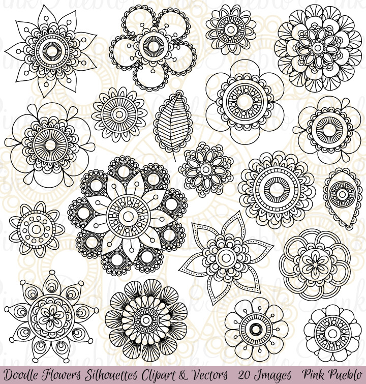 Doodle Flowers Clipart and Vectors, a Decorative Illustration by PinkPueblo