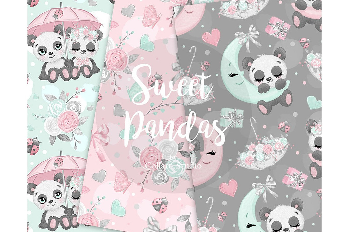 Panda bear digital paper, cute baby, a Pattern Graphic by Collart Studio