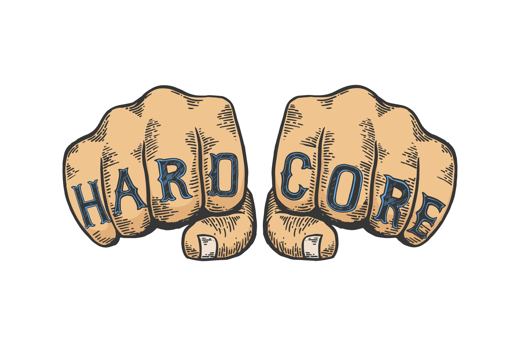 Hard core words fist tattoo sketch, an Illustration by AlexArt