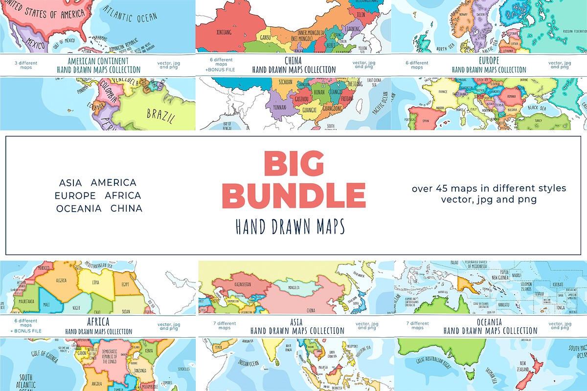 Big bundle of hand drawn maps, an Education Illustration by ...