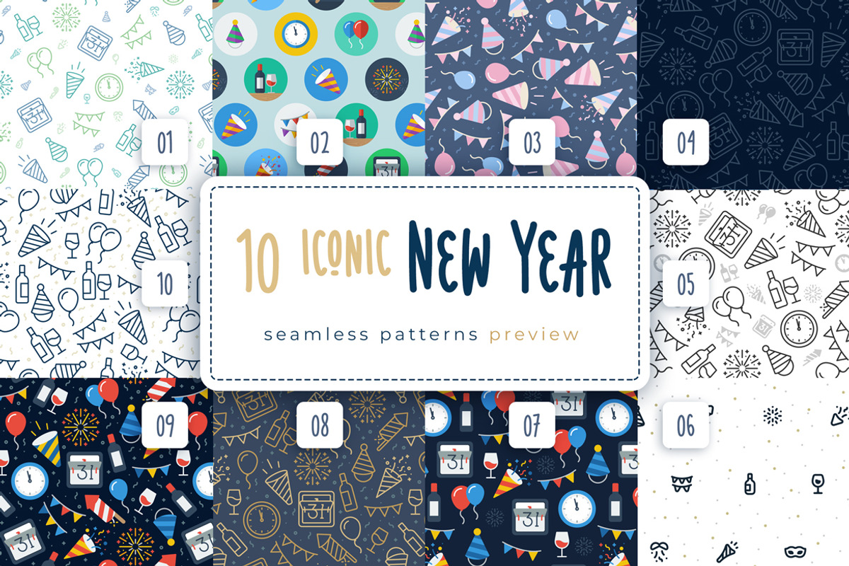 Iconic New Year Seamless Patterns, a Pattern Graphic by oelhoem