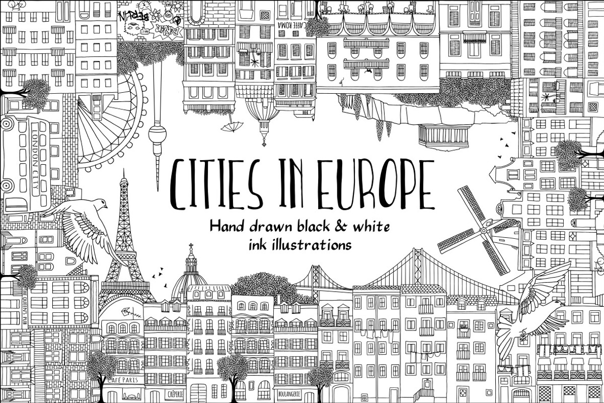 Cities in Europe - hand drawn set, an Illustration by Franzi draws
