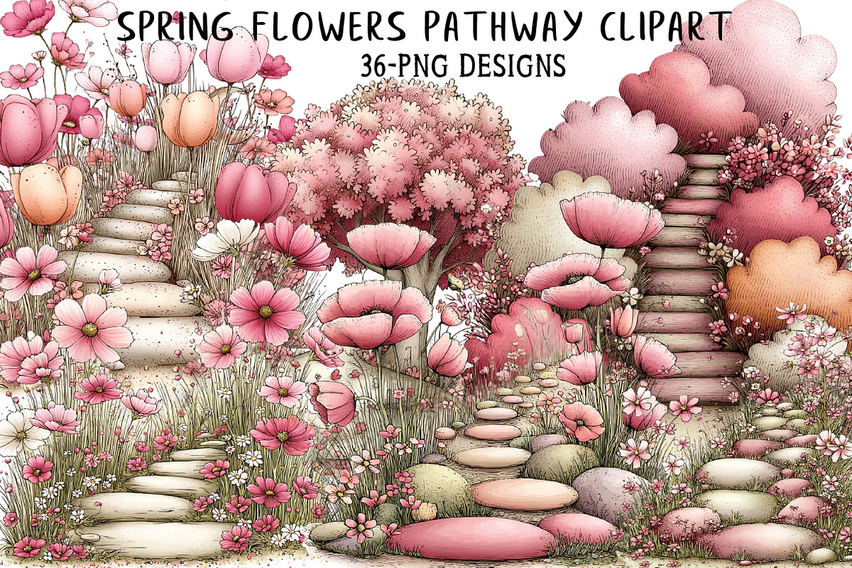 Spring Flowers Pathway Clipart, an Illustration by Daily.Designs