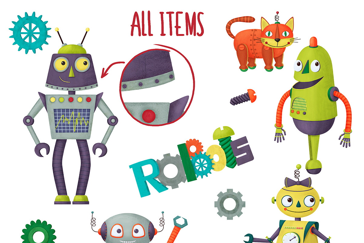 Set of cartoon robots, a Technology Illustration by TinyOrangeHouse ...